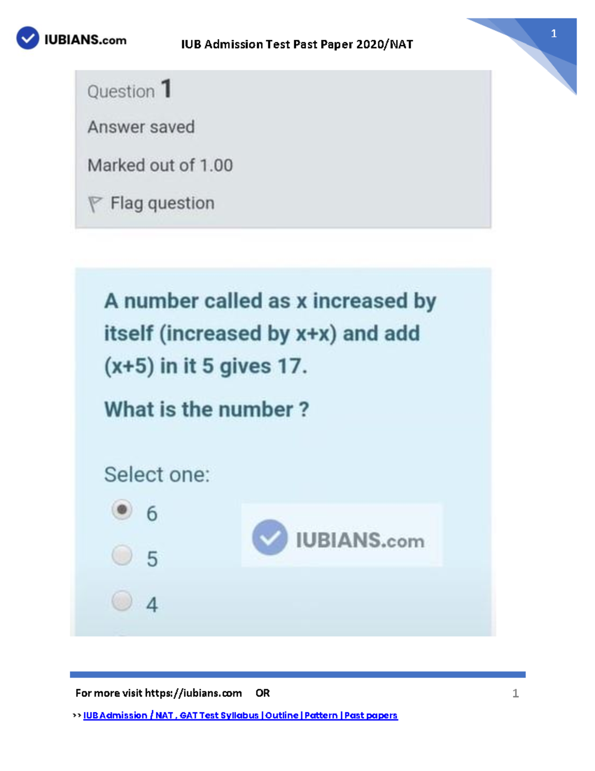 IUB Admission Test NAT Past Papers Compilation 2020-2021 - Studocu