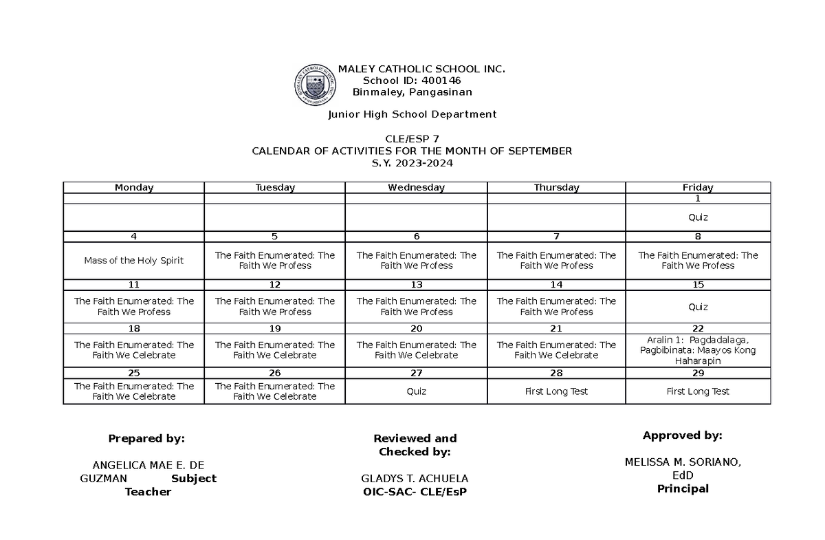 Learning Calendar September 23 24 - BINMALEY CATHOLIC SCHOOL INC ...