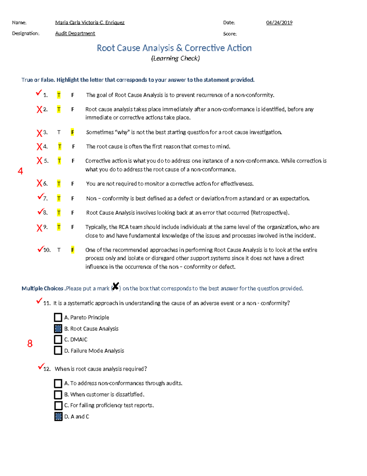 Root Cause Analysis Questionnaire - MC Test I & II (Audit Dept) - Studocu