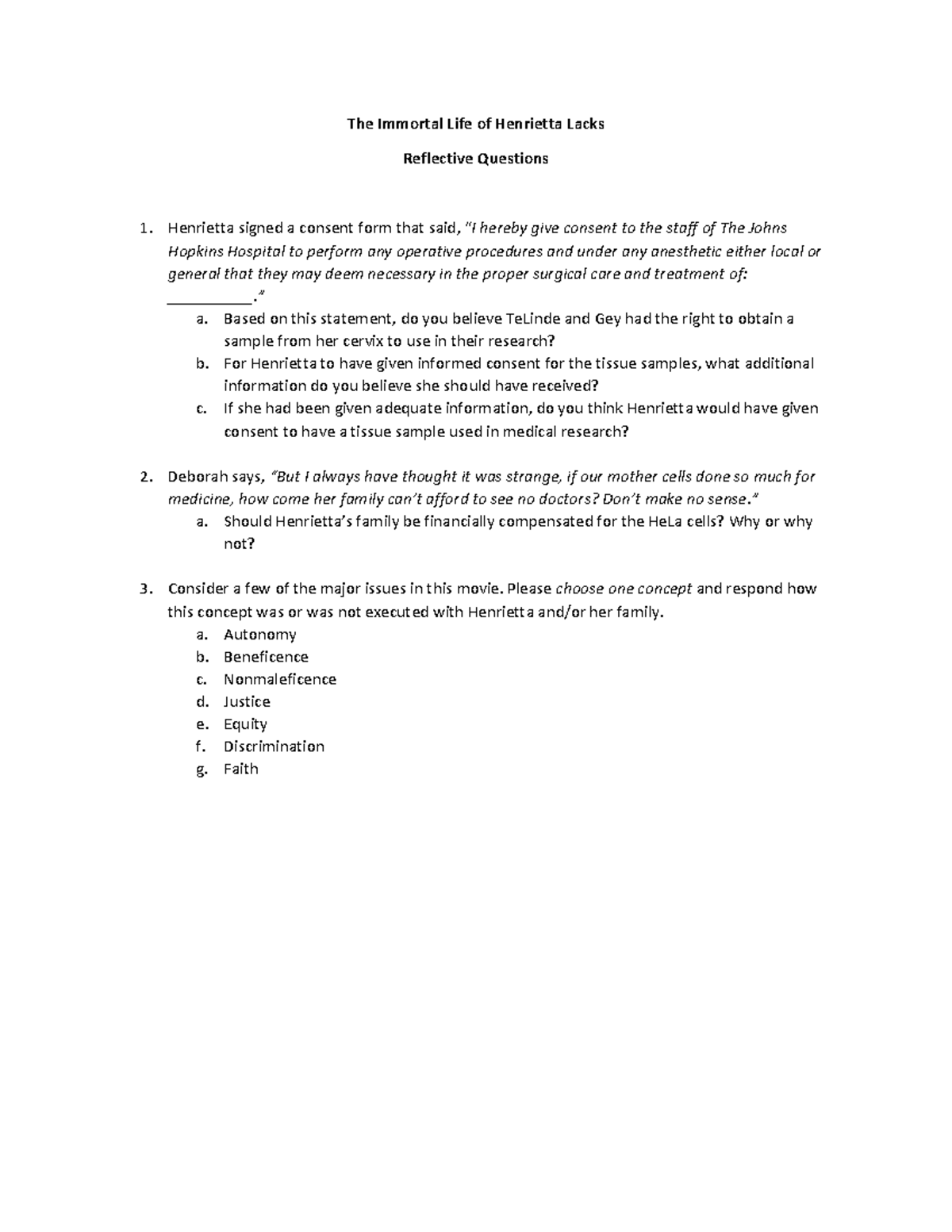 Henrietta lacks reflective questions - The Immortal Life of Henrietta ...