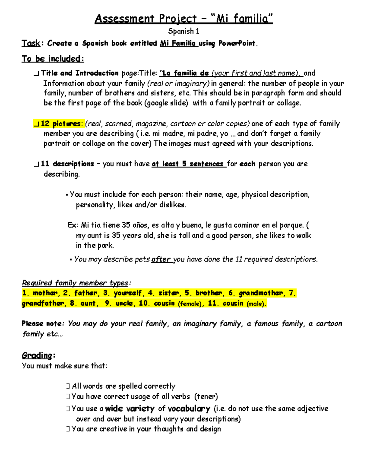 Spanish 1: Project Mi Familia - Family Presentation Guidelines - Studocu