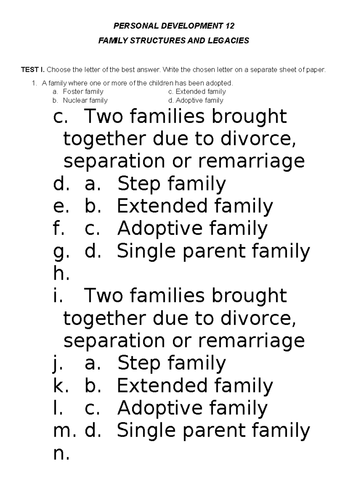LONG QUIZ: Family Structures and Legacies (Personal Dev 12) - Studocu