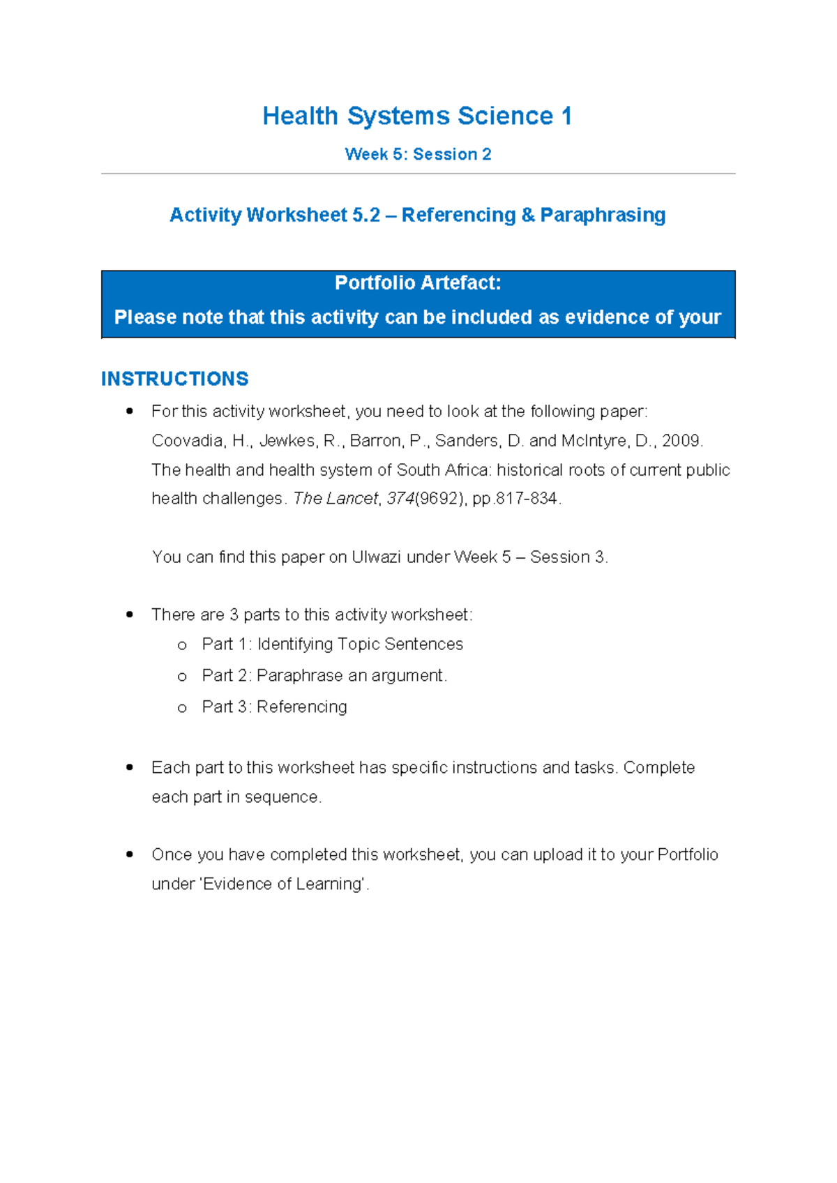 Health Systems Science 1: Week 5 Activity Worksheet 5.2 - Studocu