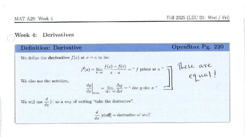MAT A29: Week 4 Fall 2025 Lecture Notes on Derivatives - Studocu