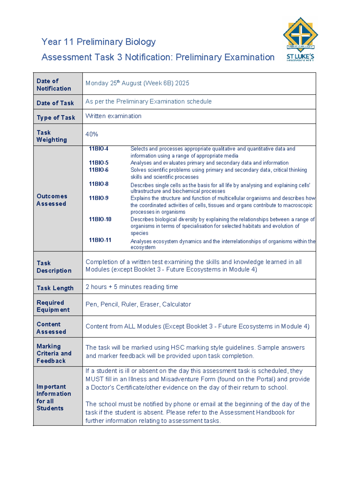 Year 11 Biology Preliminary Exam Task 3 Notification 2025 - Studocu