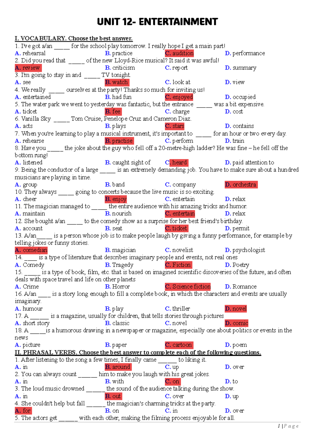 UNIT 12 ENTERTAINMENT: VOCABULARY & PHRASES PRACTICE - Studocu