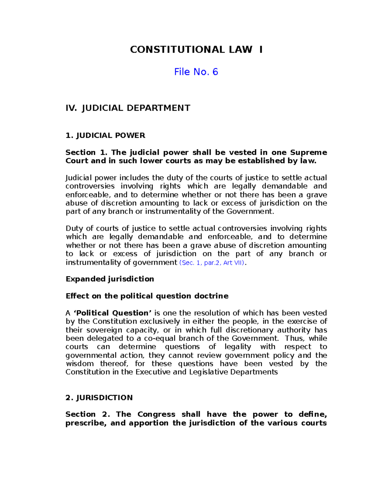 Constitutional Law I Judicial Power Notes (File No. 6) - Studocu