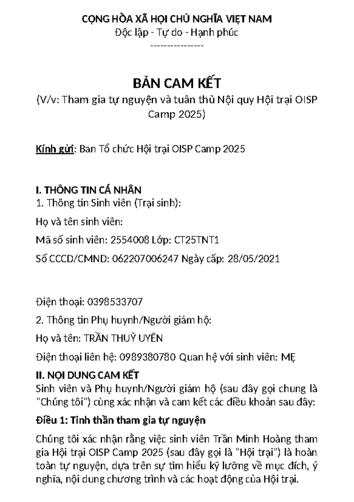 Ban cam ket OISP Camp 2025 Final - CỘNG HÒA XÃ HỘI CHỦ NGHĨA VIỆT NAM ...