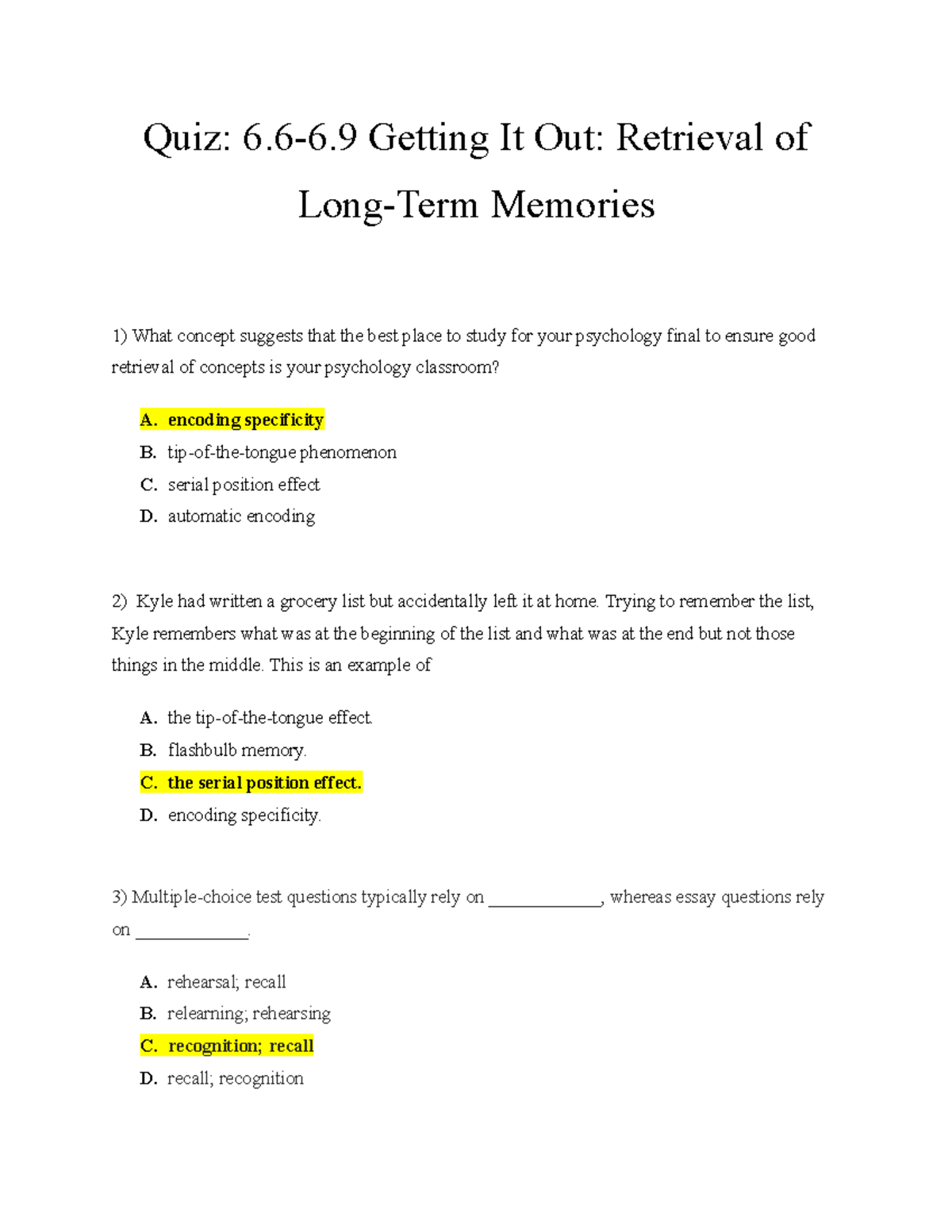 Quiz 6.6-6.9 on Long-Term Memory Retrieval Concepts - Studocu