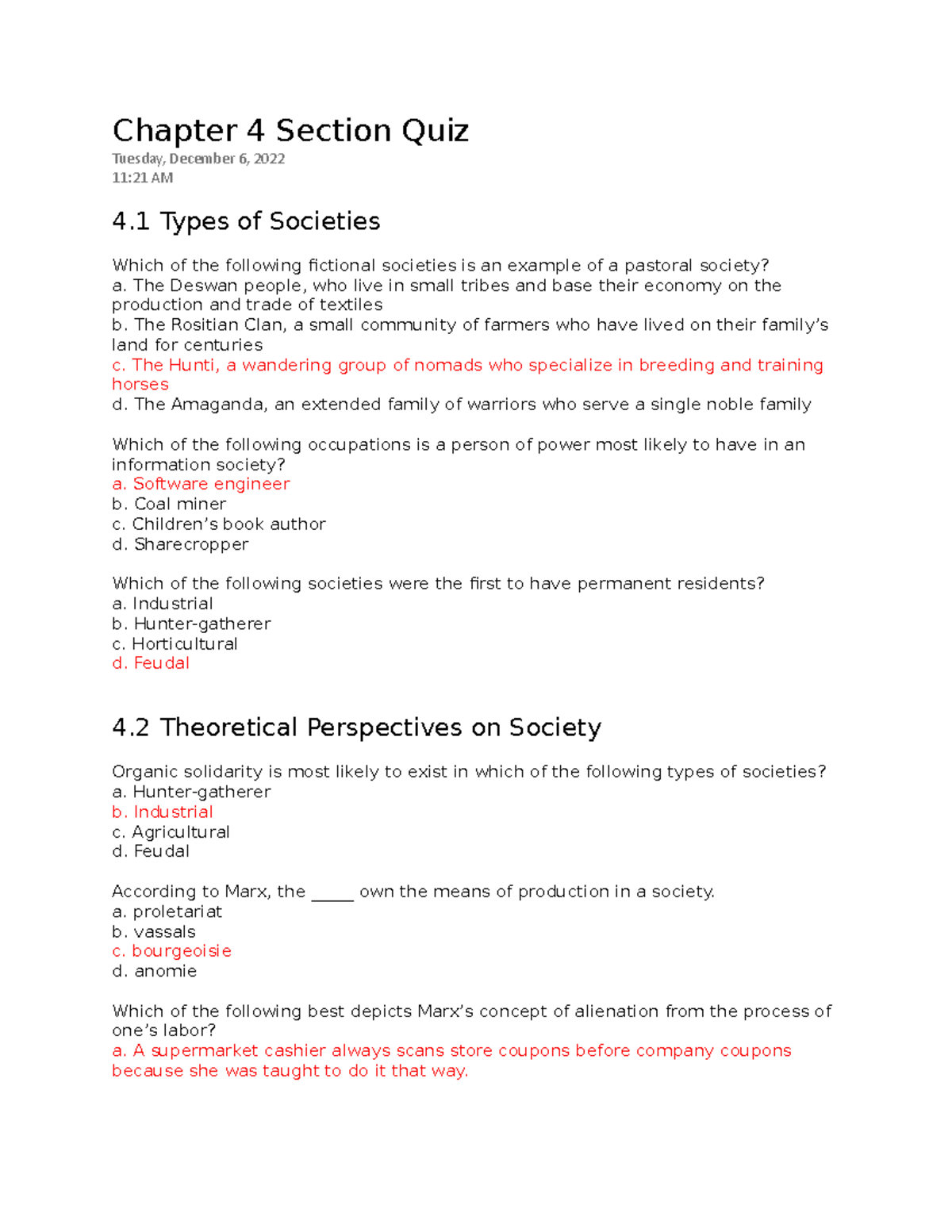 Chapter 4 Section Quiz on Types of Societies and Theoretical ...