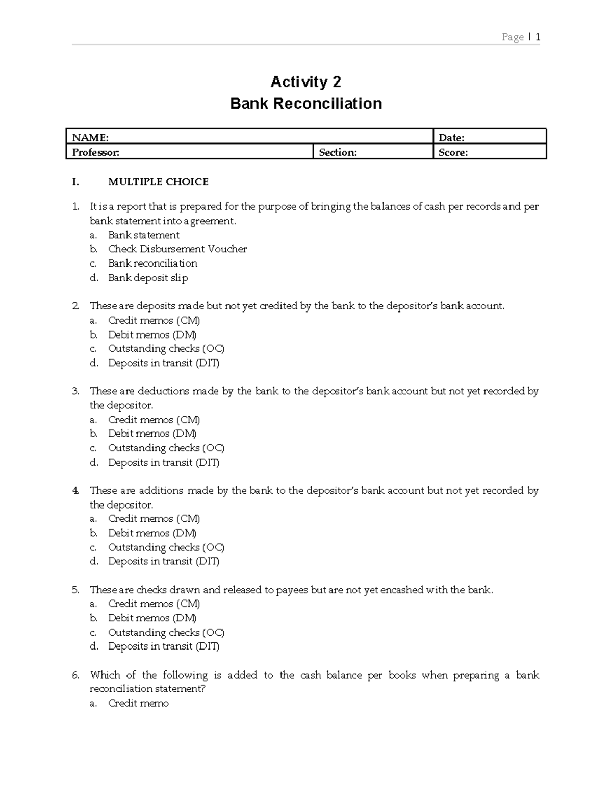 Activity 2: Bank Reconciliation Exercises and Problems - Studocu
