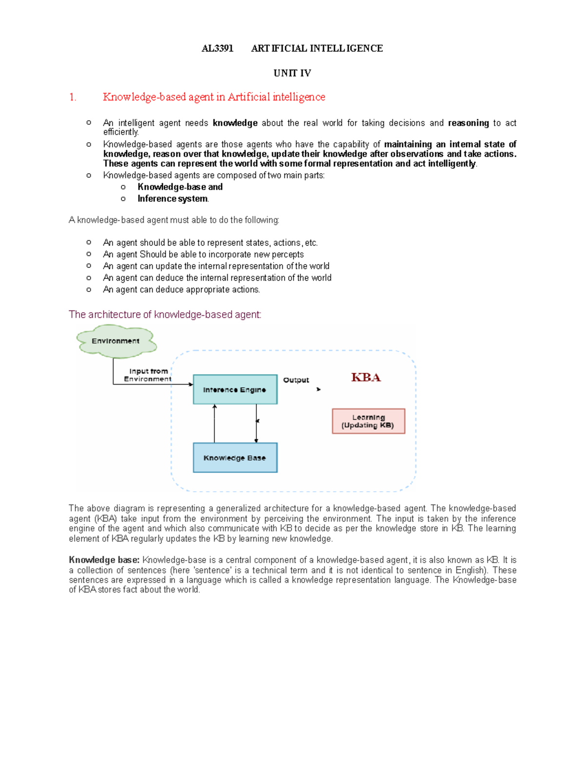 AL3391 ARTIFICIAL INTELLIGENCE UNIT IV: Intelligent Agents Overview - Studocu
