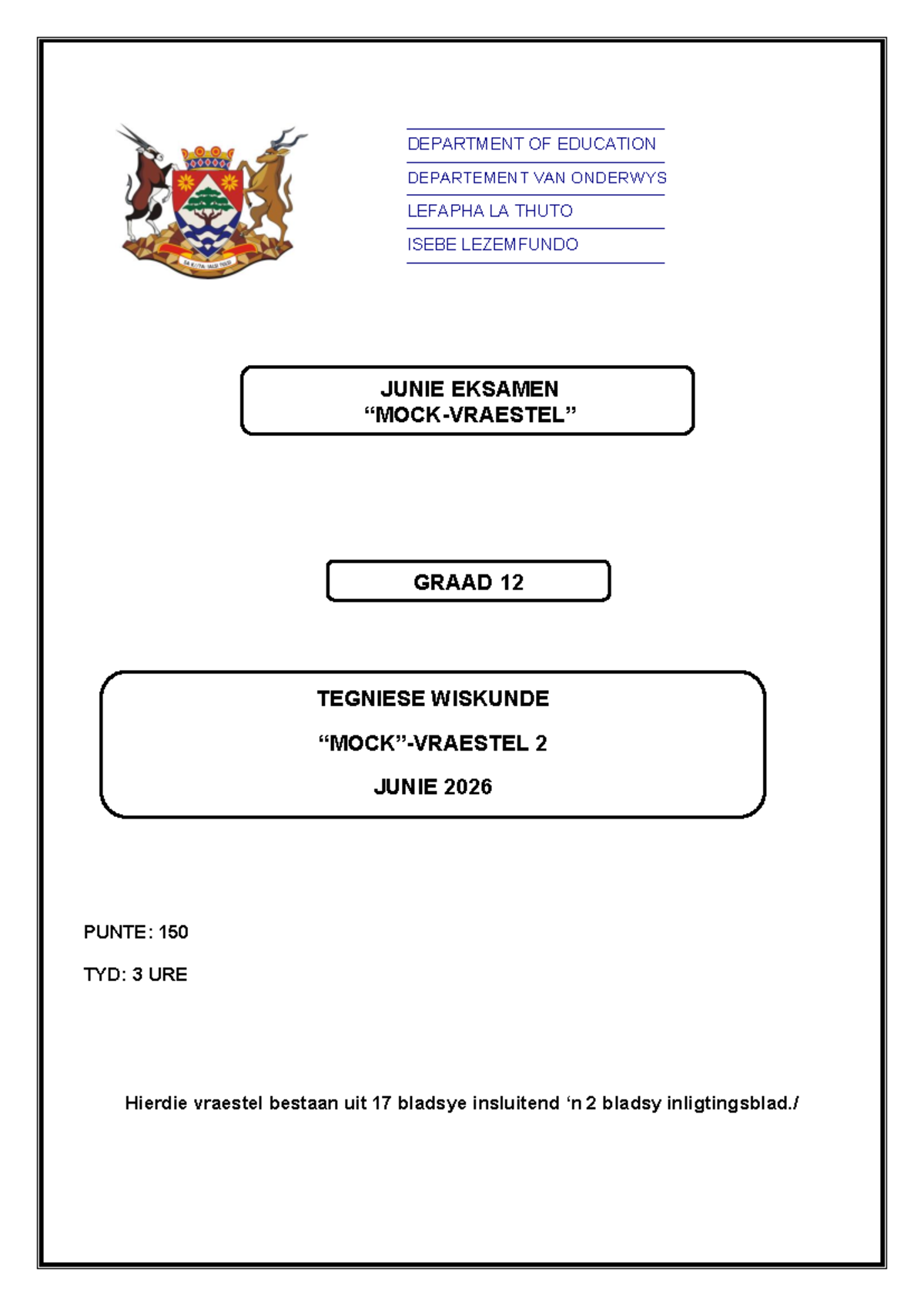 Graad 12 Tegniese Wiskunde Mock-Vraestel 2 - Junie 2026 - Studocu