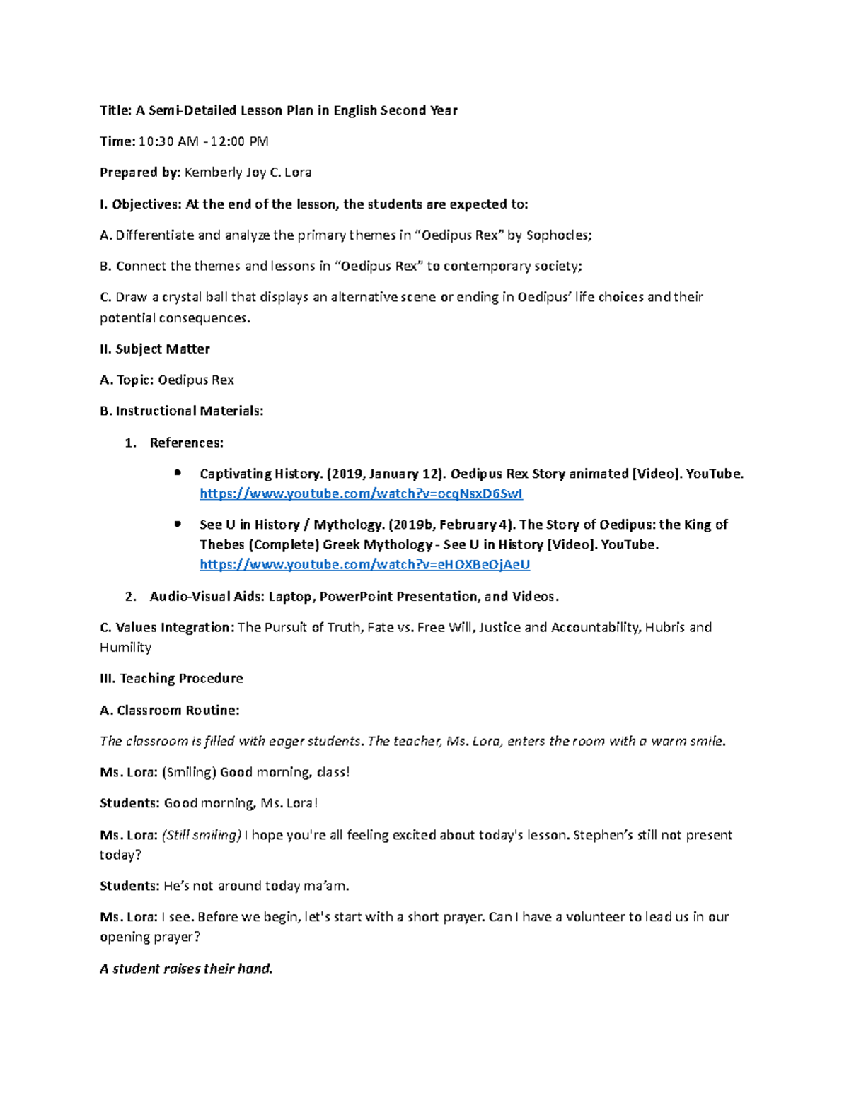 Oedipus REX Script - Title: A Semi-Detailed Lesson Plan in English ...