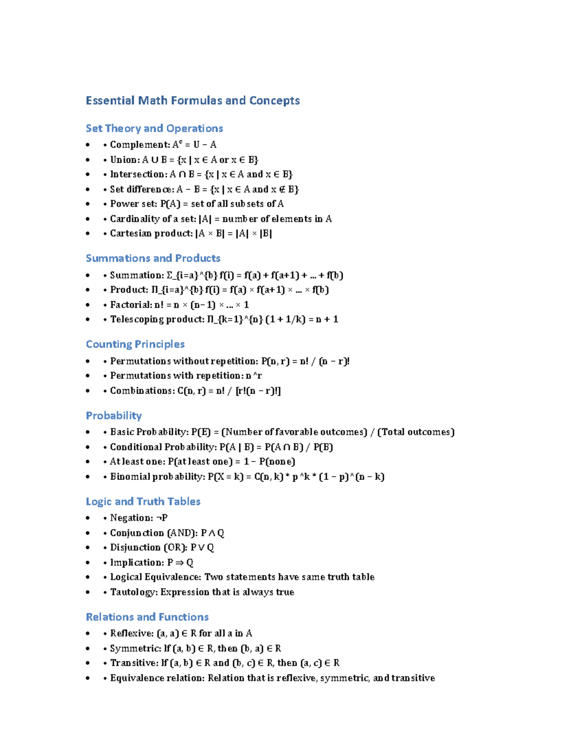 Math Formulas for Set Theory & Operations: Essential Concepts - Studocu