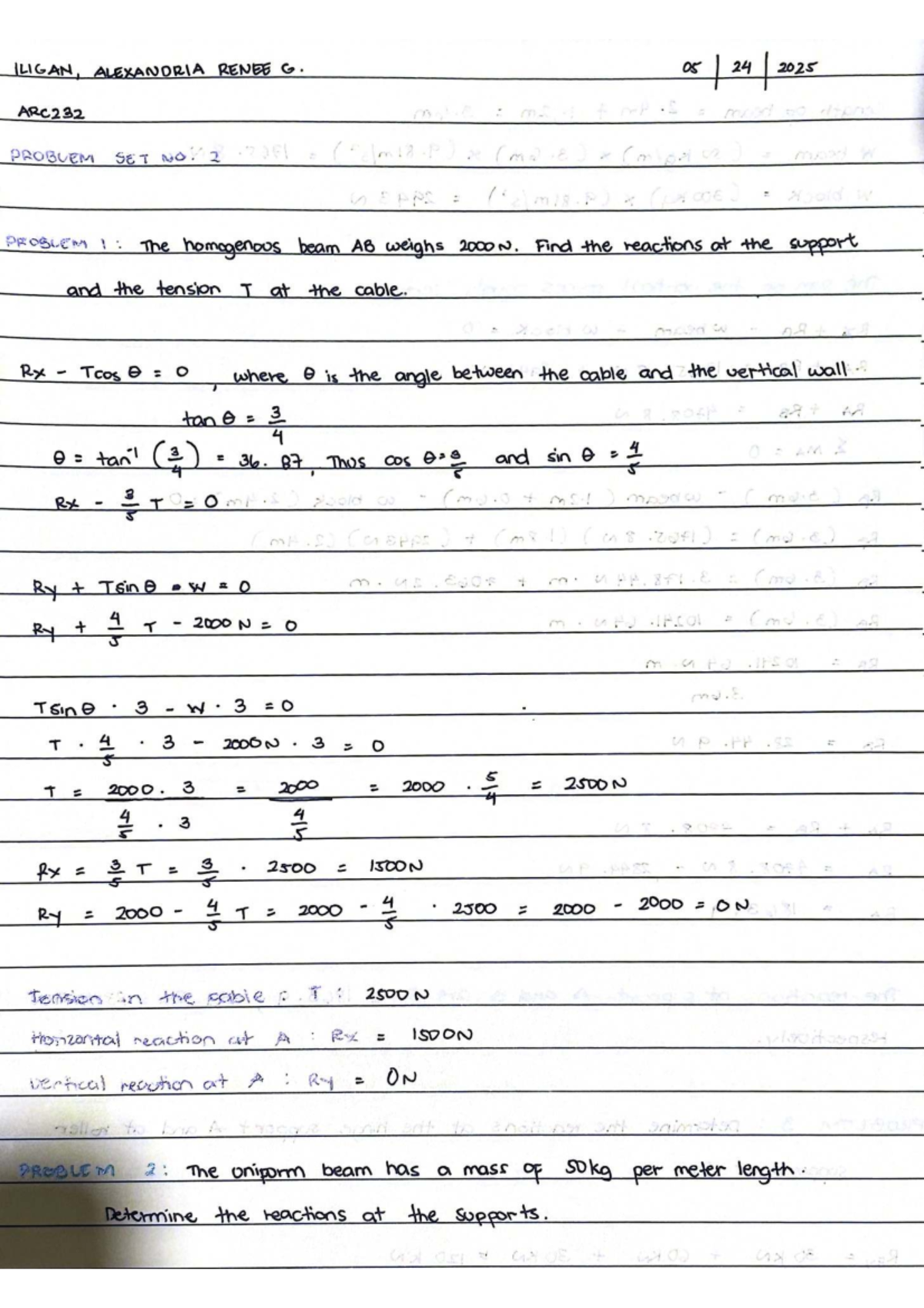 ARC232 Problem Set 2: Beam Reactions and Tension Analysis - Studocu