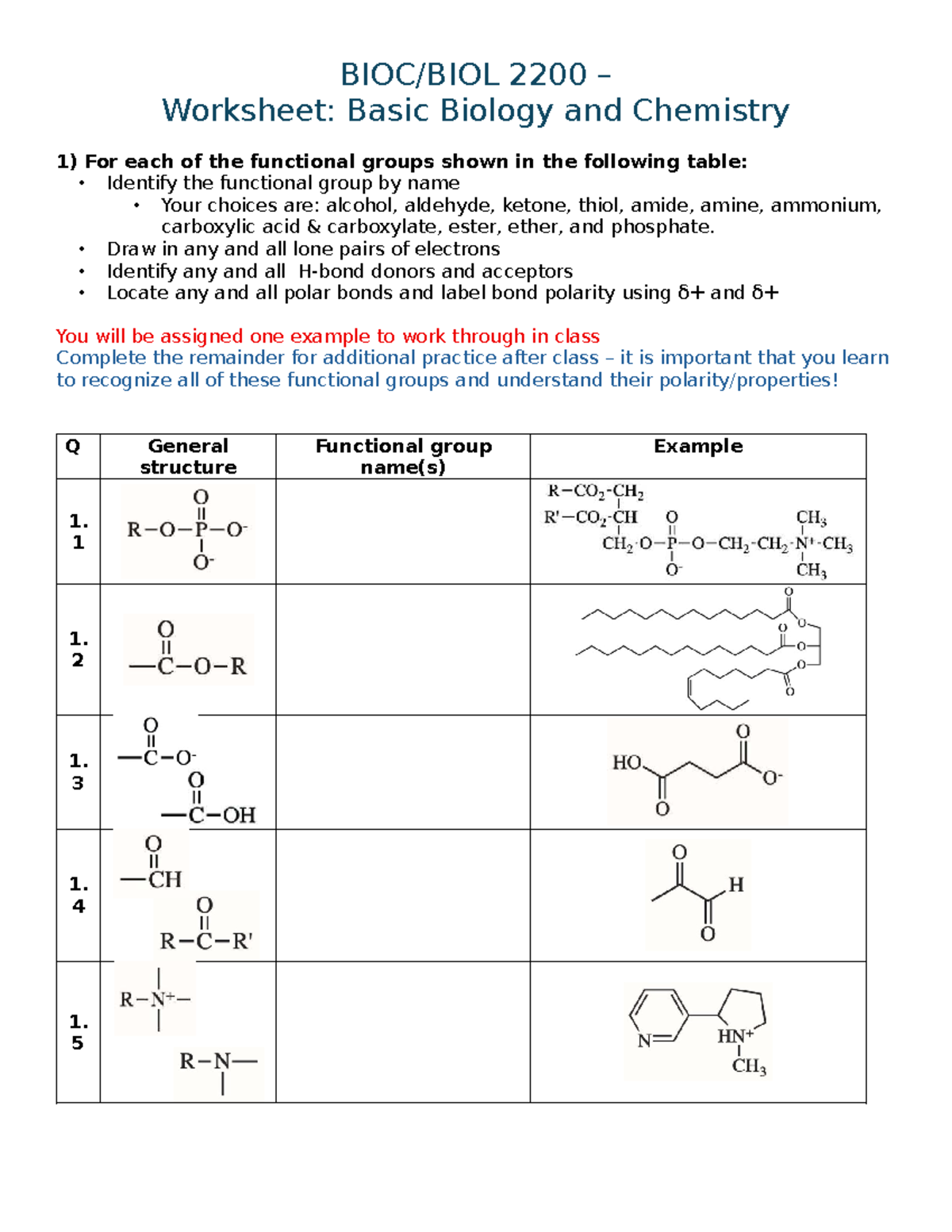 2200 In-Class Worksheet: Functional Groups in Bio & Chem Review - Studocu