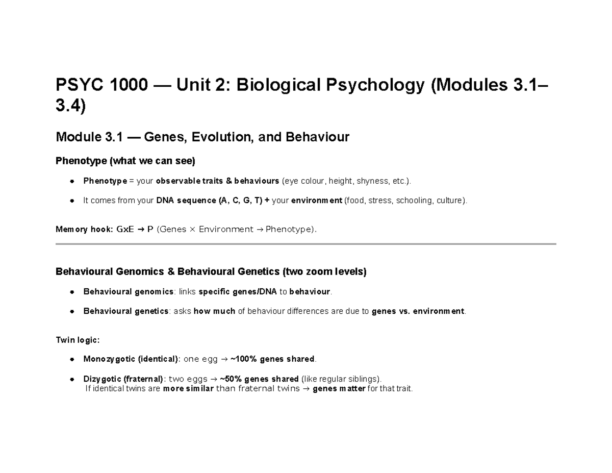 PSYC 1000: Unit 2 Biological Psychology Overview (Modules 3.1-3.4 ...