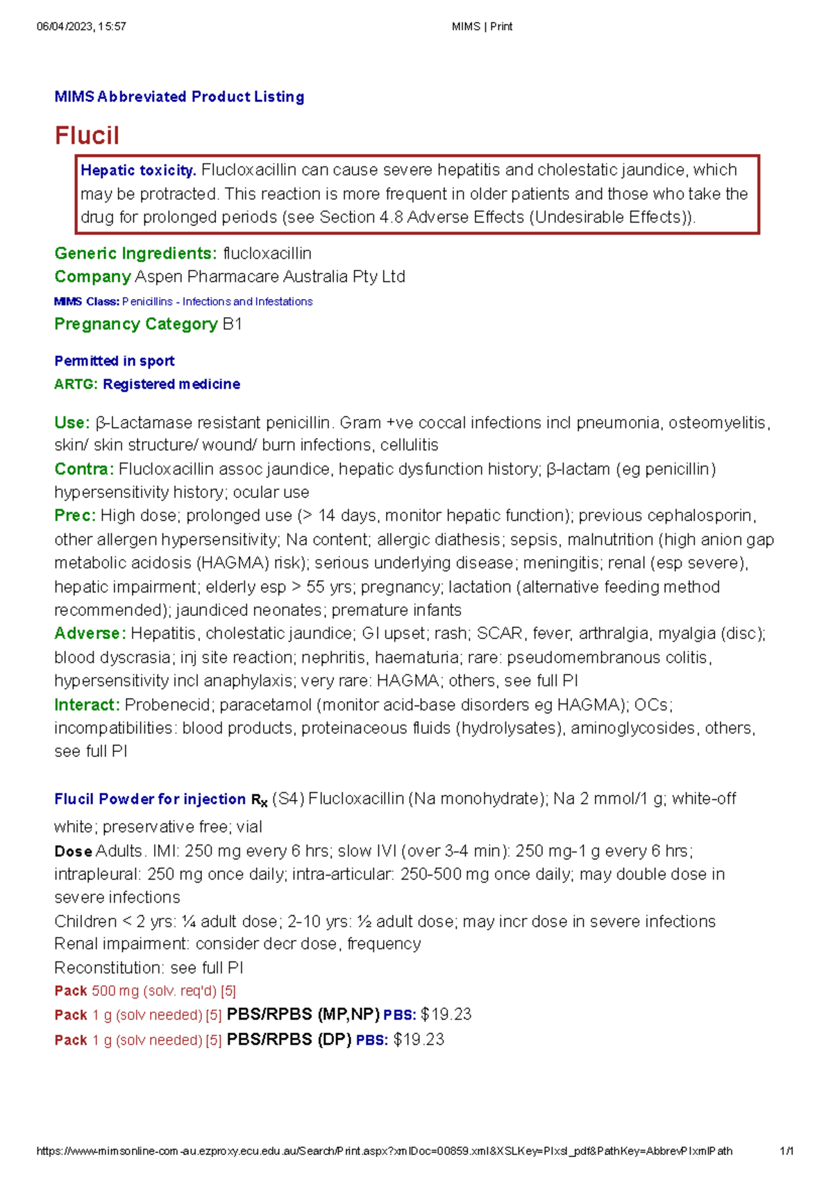 MIMS Flucloxacillin Overview: Adverse Effects & Usage Details - Studocu