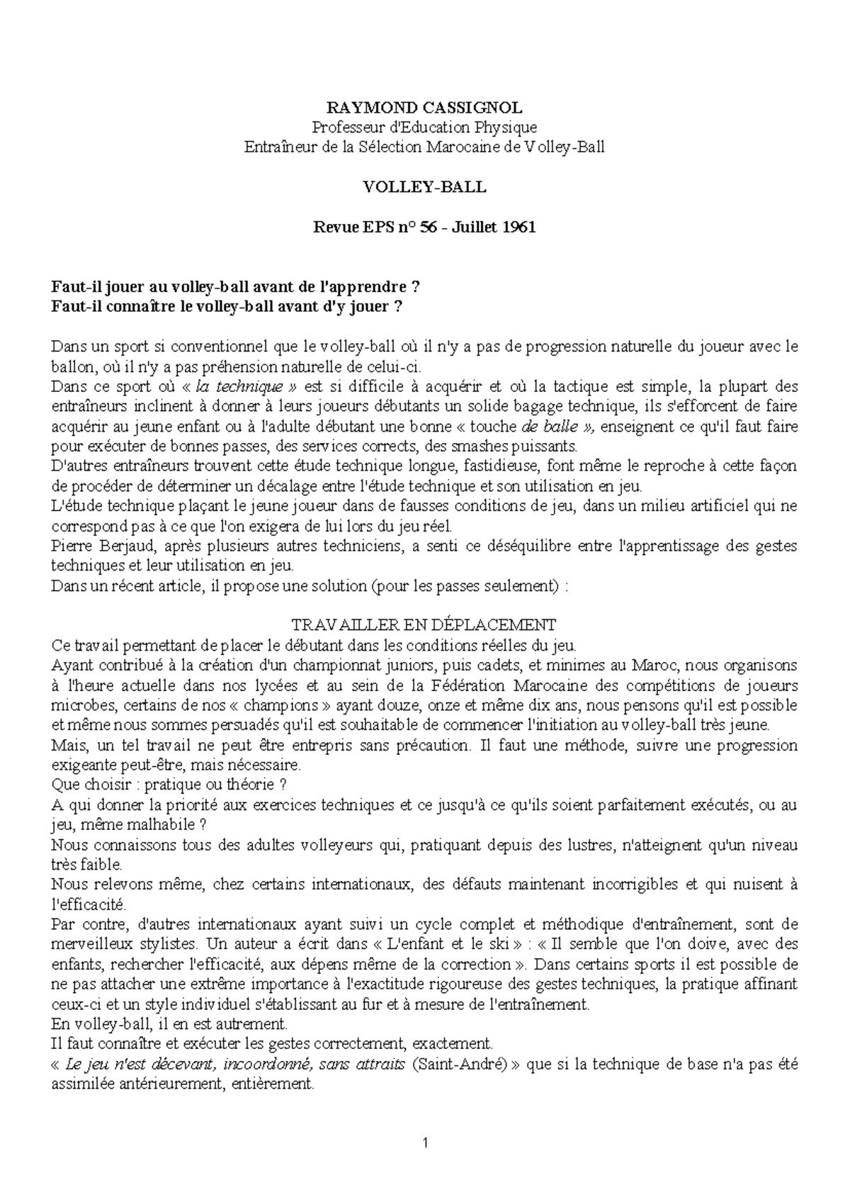Cassignol 1961 - Techniques et Méthodes en Volley pour Débutants - Studocu