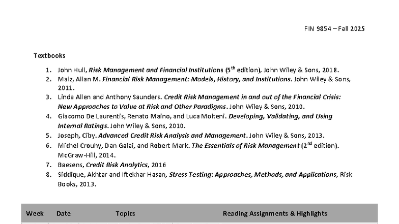 FIN 9854 Fall 2025 Reading Materials and Textbook List - Studocu