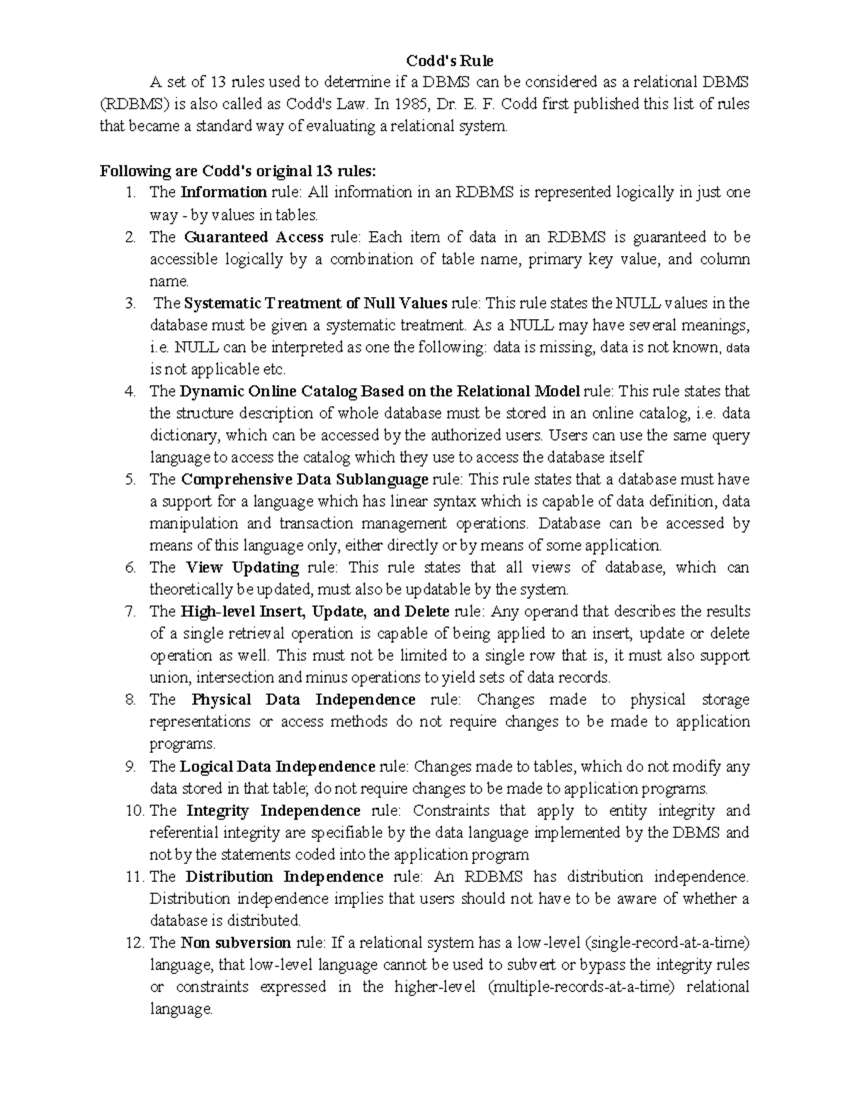 4.Codd's Rule: 13 Principles for Evaluating RDBMS - Studocu