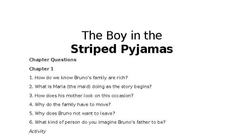 The Boy in the Striped Pyjamas (C1-C16) Comprehension Questions ...