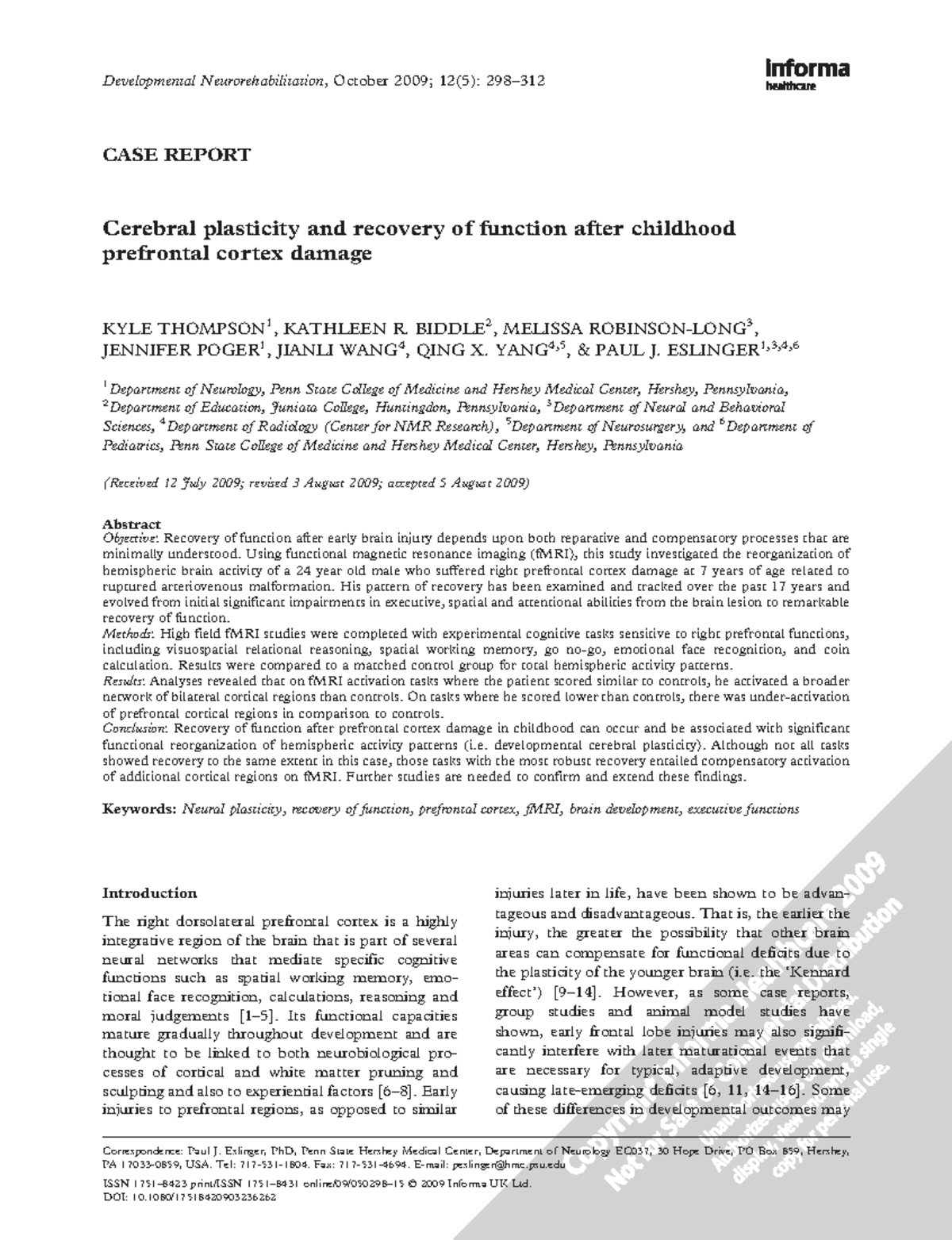 CNS 2009: Case Study on Cerebral Plasticity Post Prefrontal Cortex Injury - Studocu