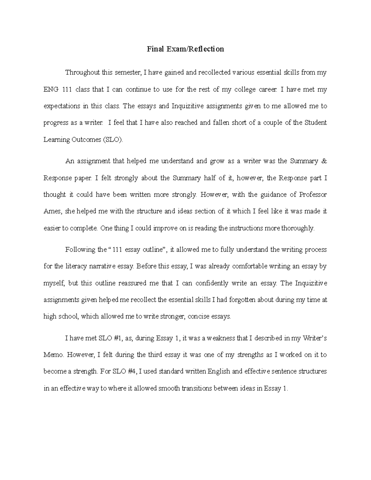 ENG 111 - Final Exam Reflection: Skills Development Journey - Studocu