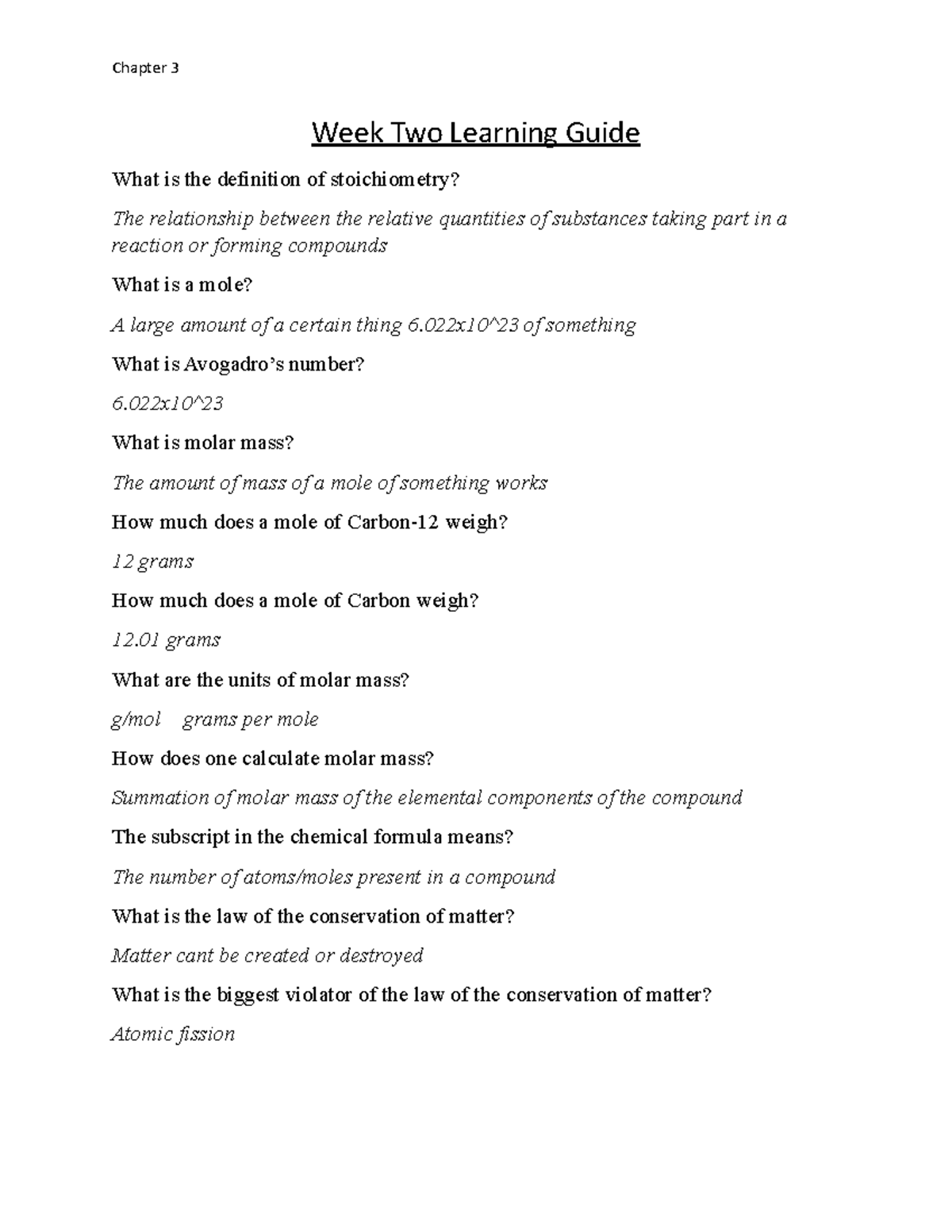 Learning Guide: Chapter 3 Stoichiometry & Chemical Reactions Answers ...