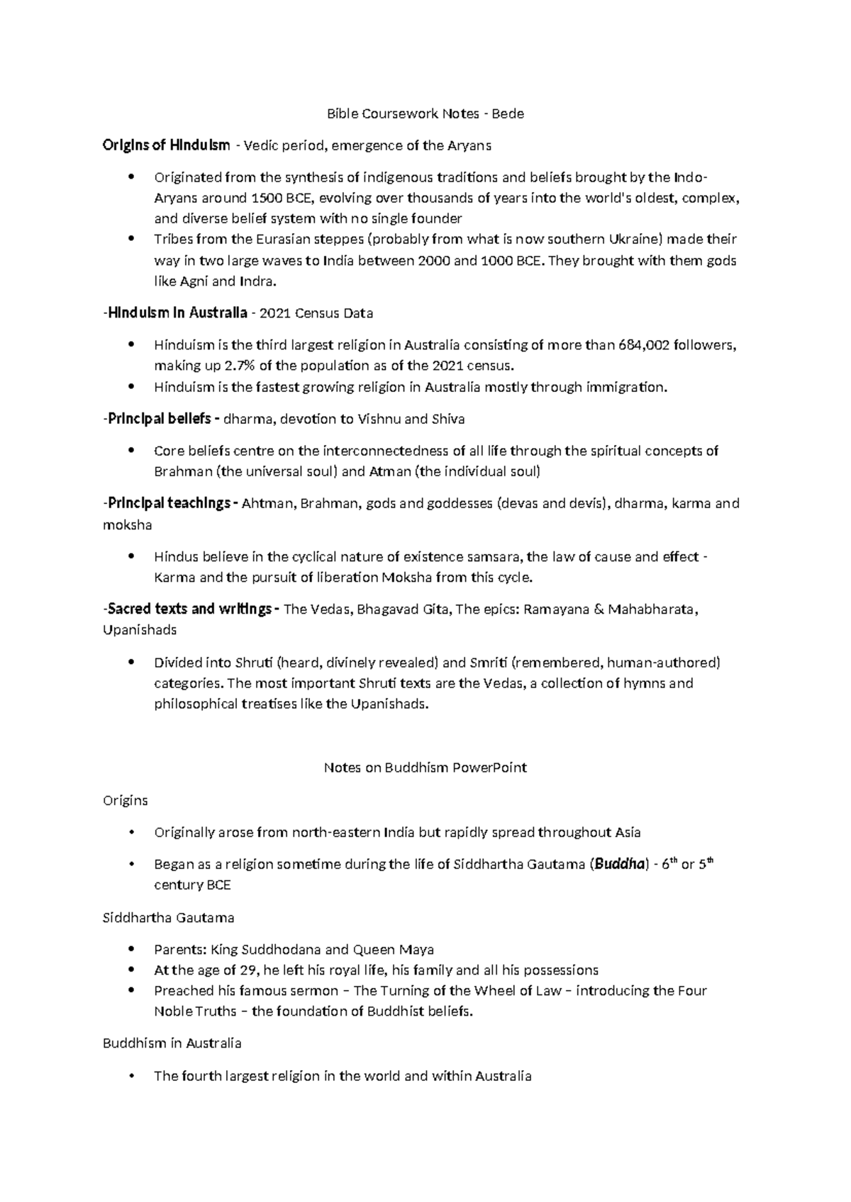 Bible Coursework Notes: Origins of Hinduism & Buddhism Insights - Studocu