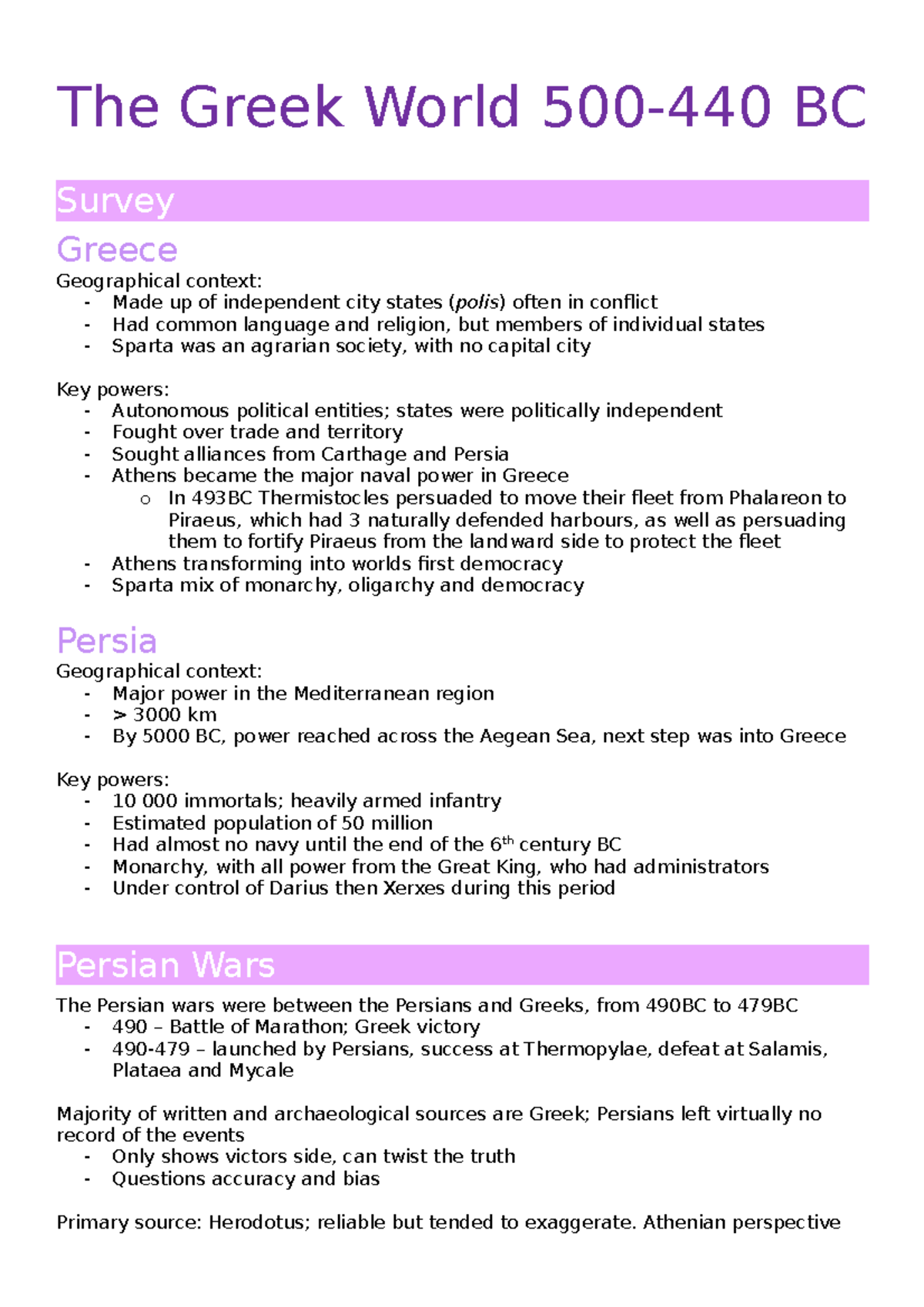 HSC Ancient History: Greek World Summary Notes (500-440 BC) - Studocu