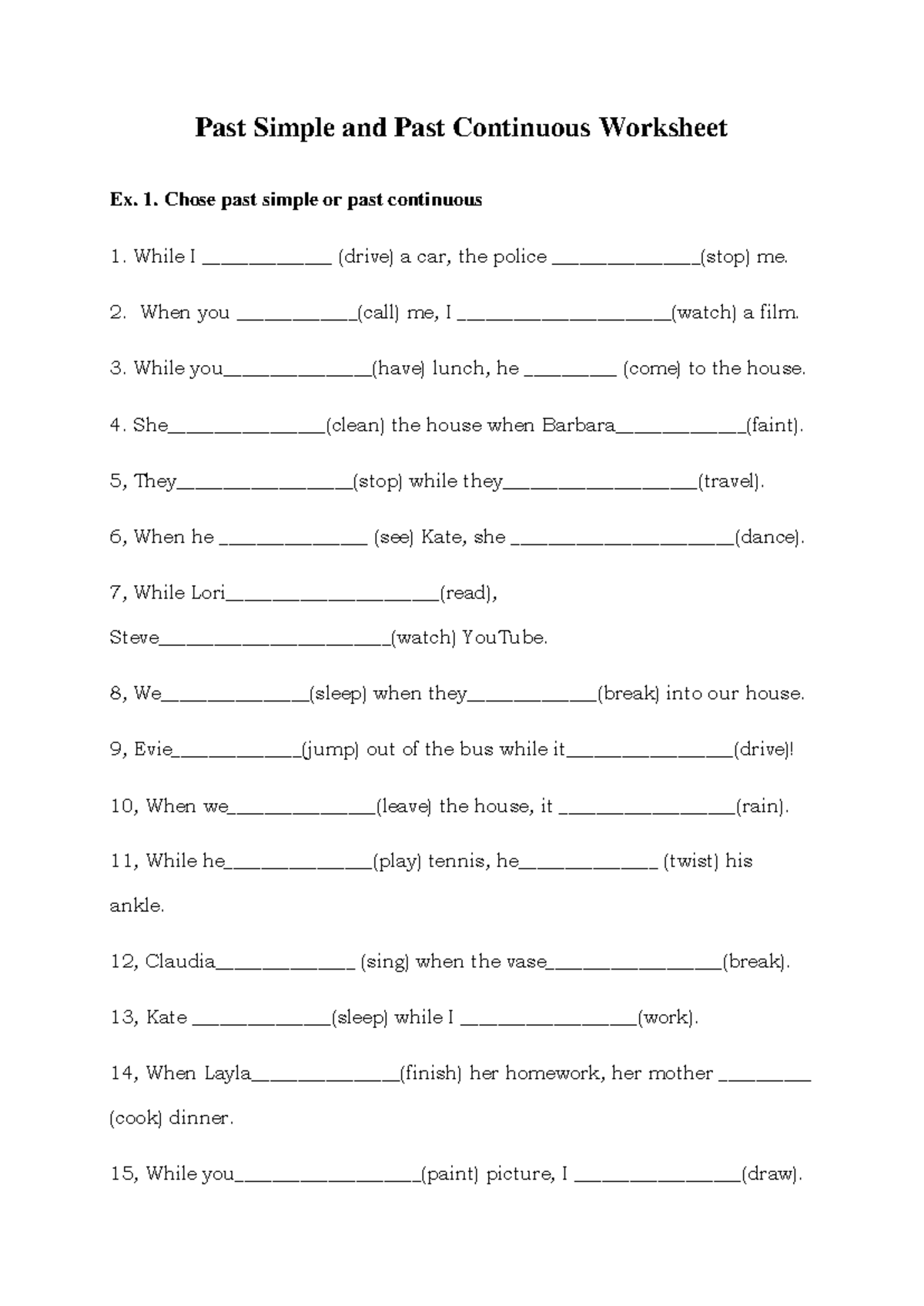 Past Simple & Past Continuous Worksheet - Exercises 1 & 2 - Studocu