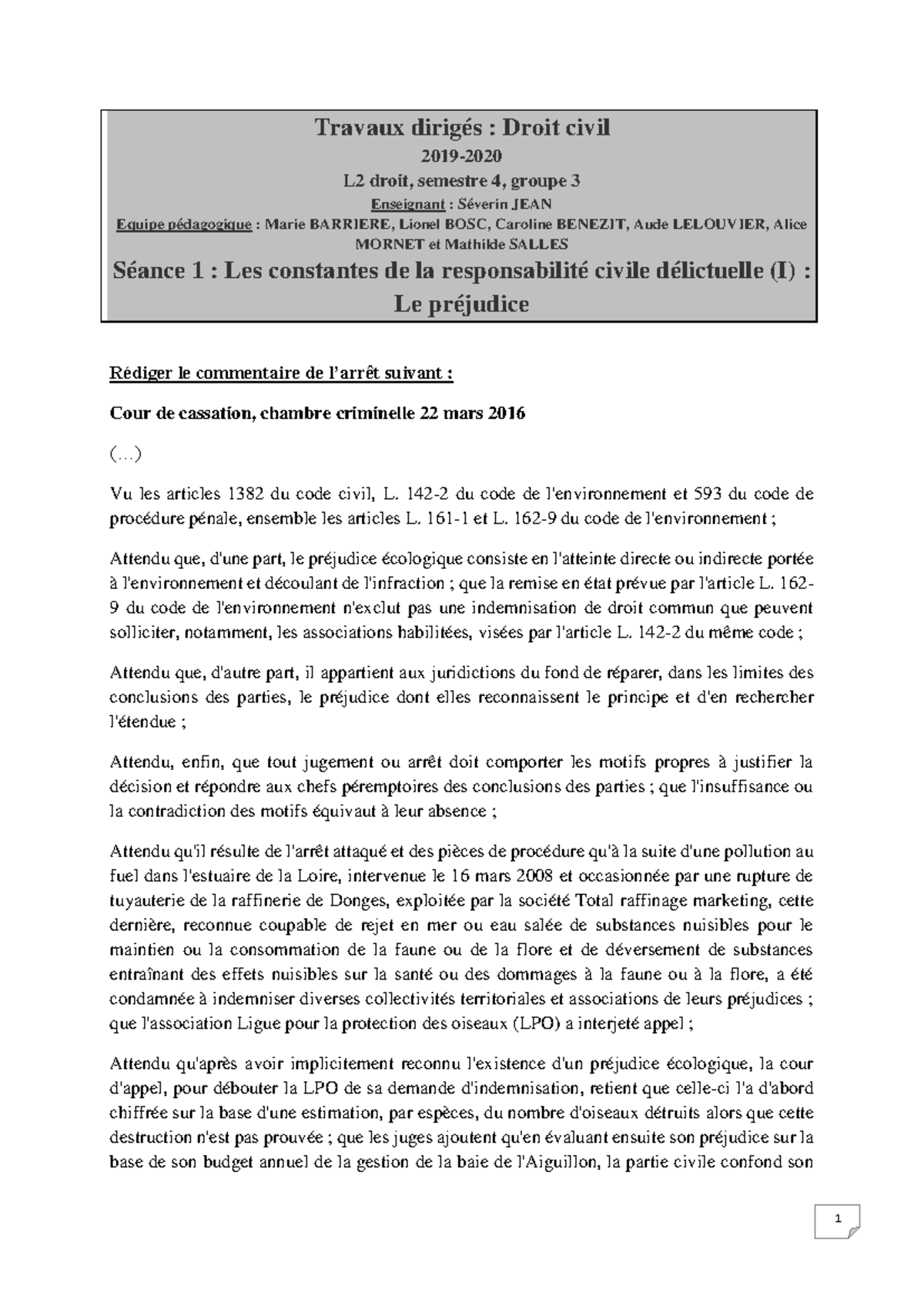 TD 1 : Commentaire sur le préjudice écologique en Droit civil L2 - Studocu