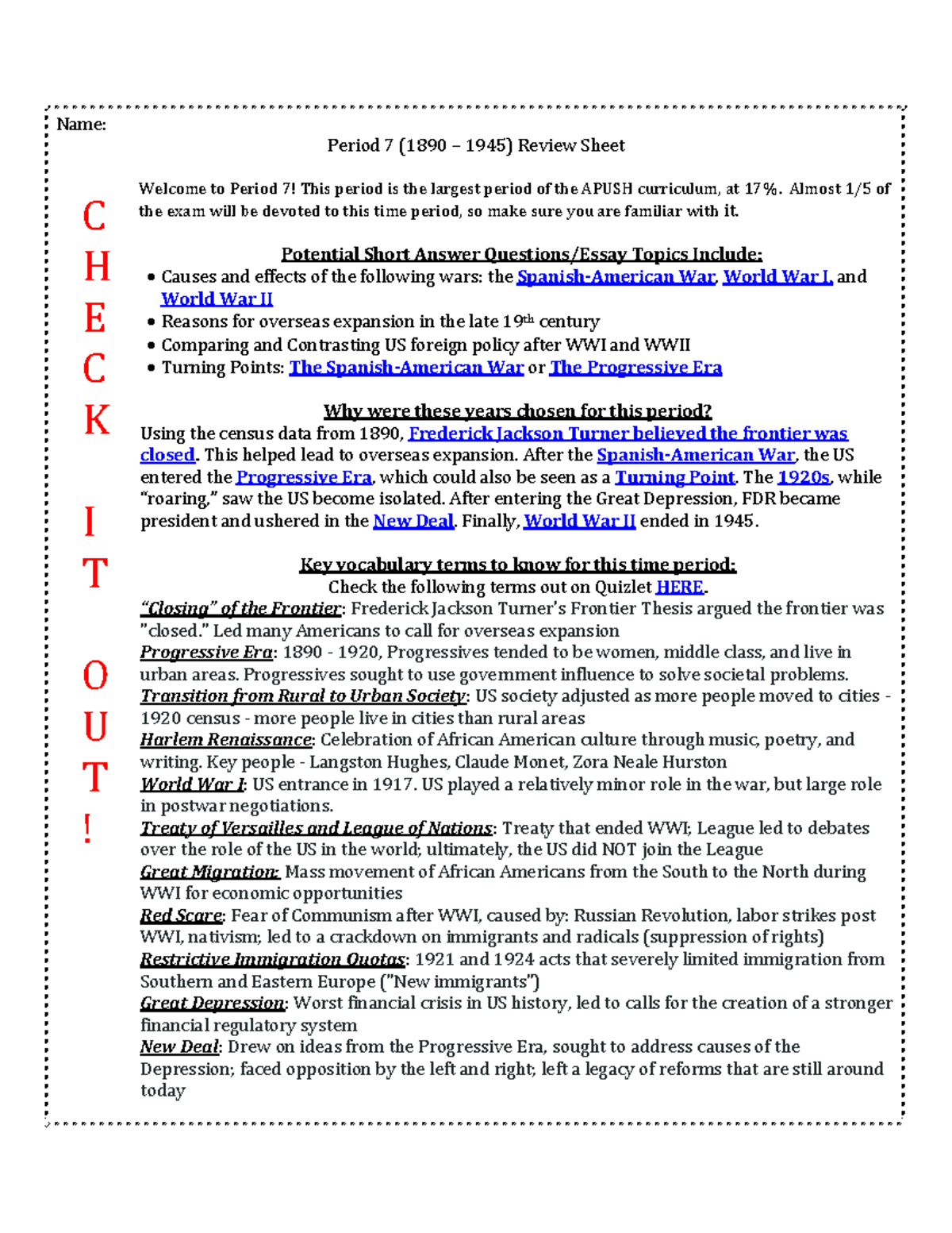 APUSH Period 7 (1890-1945) Comprehensive Review Sheet & Guide - Studocu