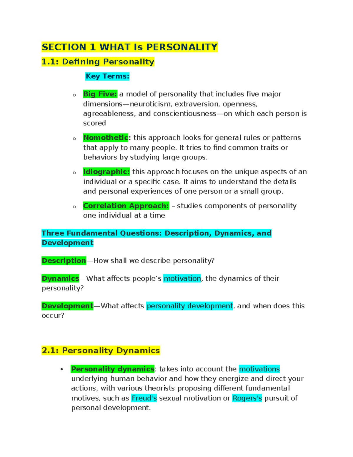PSY 101: Personality Theories and Dynamics - Key Concepts and Terms ...