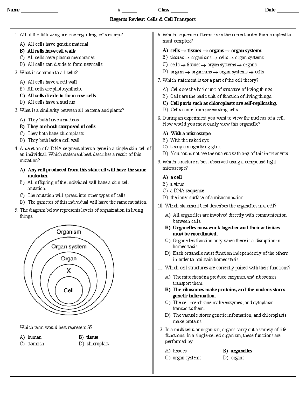 Regents Review: Cells & Cell Transport - Teacher's Copy - Studocu