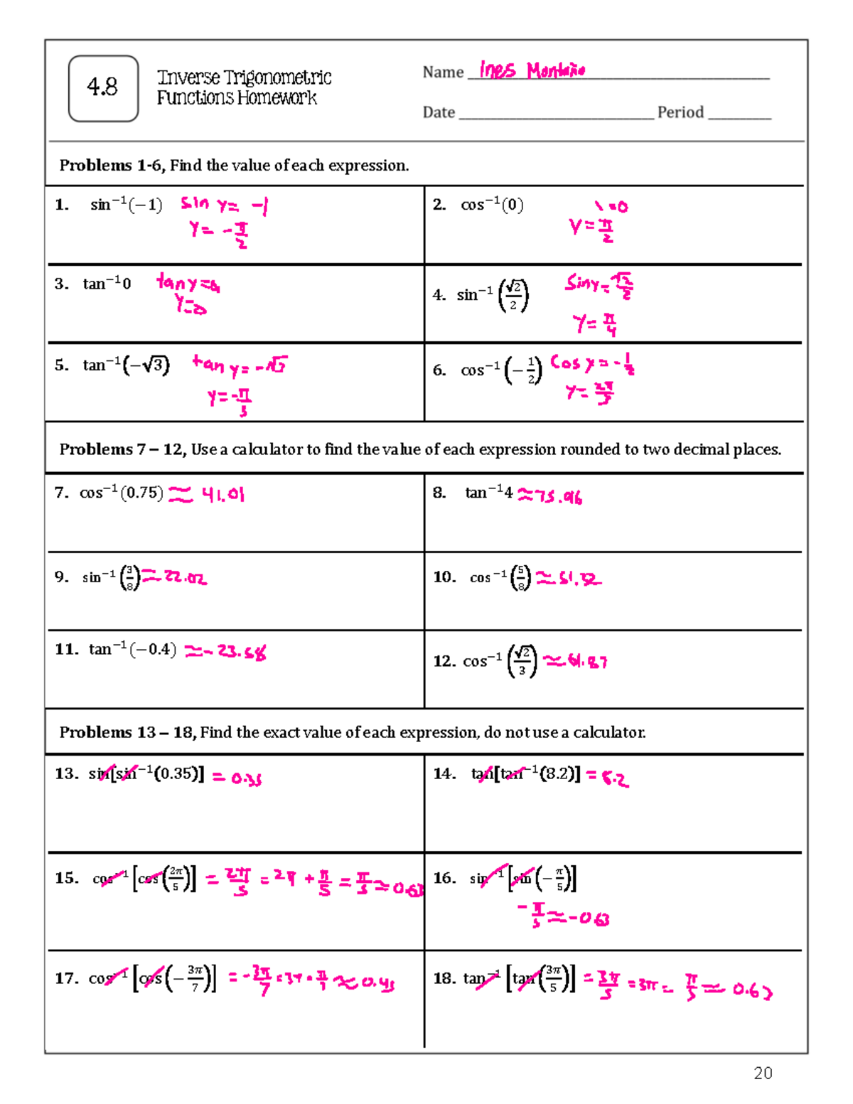 Inverse Trigonometric Functions Homework 4.8 Problems - Studocu