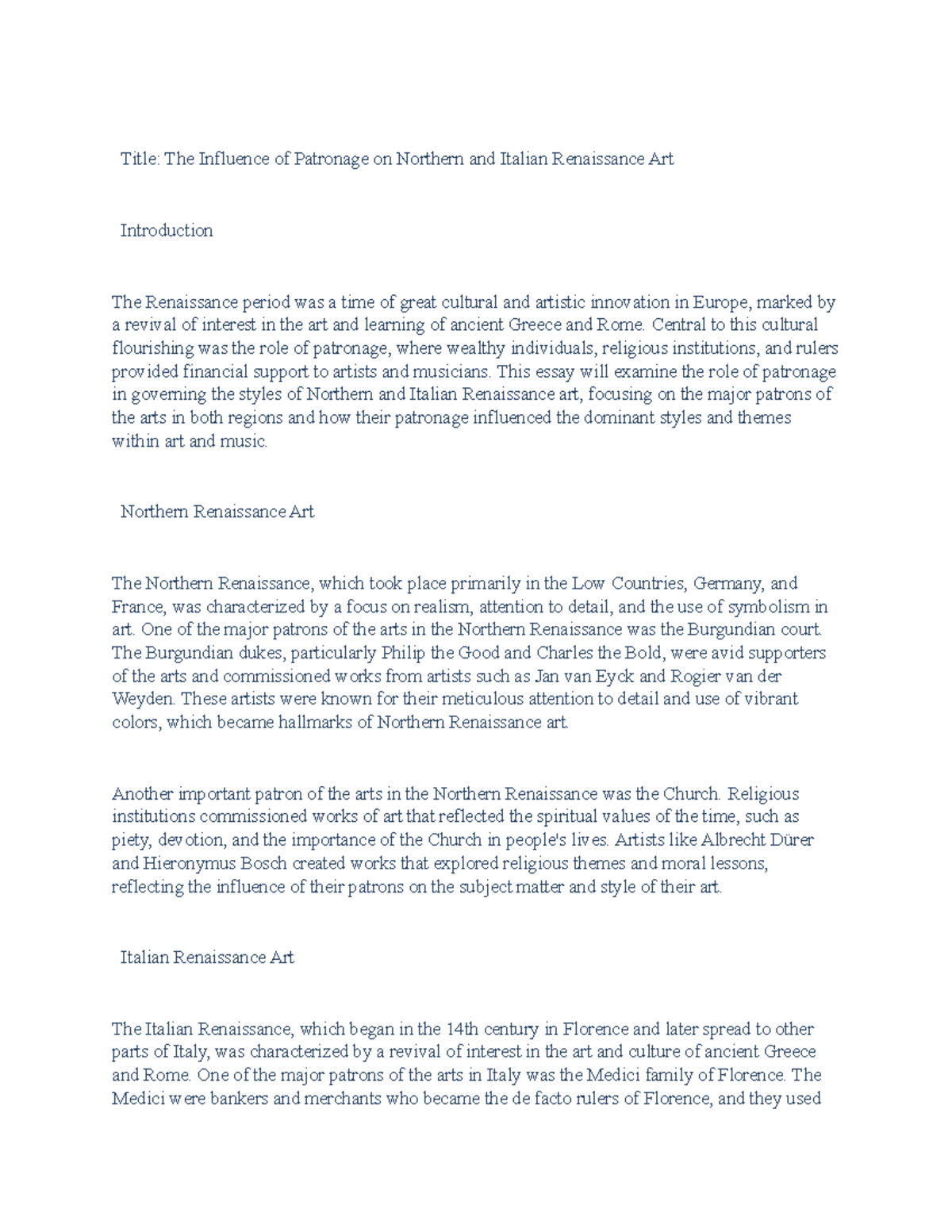 The Impact of Patronage on Northern & Italian Renaissance Art - Studocu