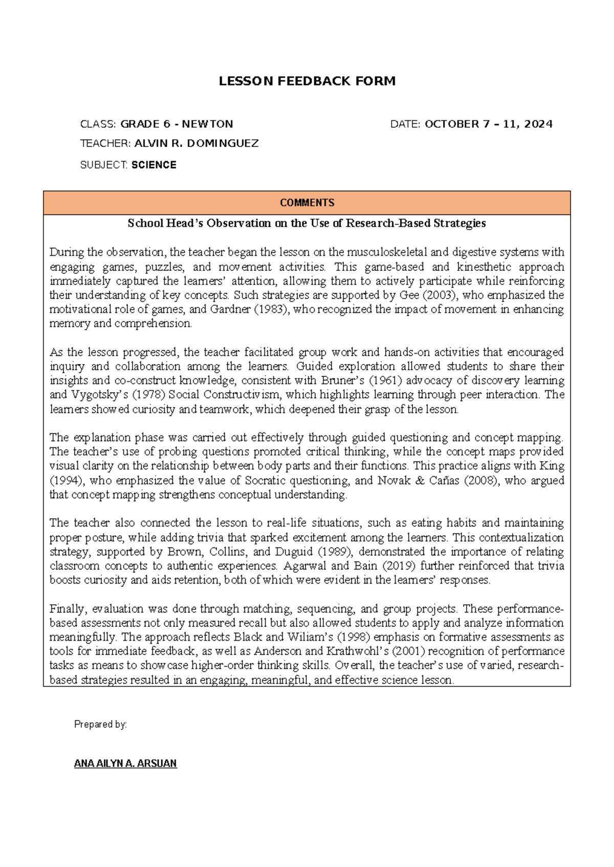 Grade 6 Science Lesson Feedback - Oct 7, 2024 - Studocu