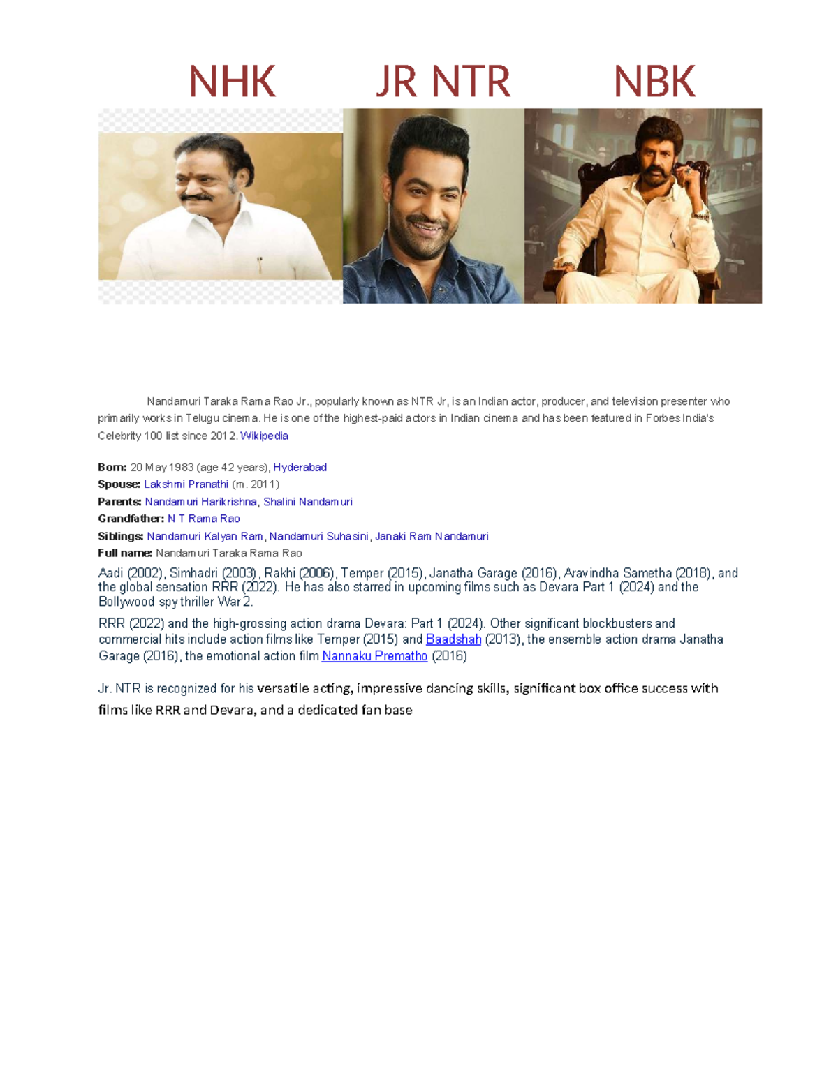 NTR Jr: A Comprehensive Overview of His Career and Achievements - Studocu