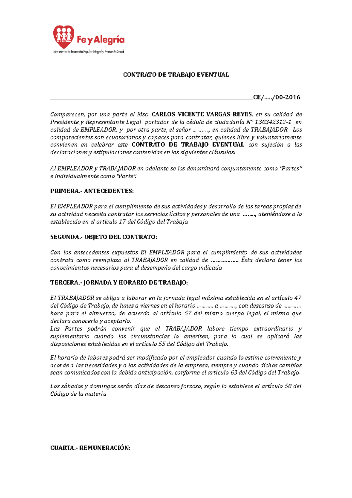 Modelo Contrato Eventual - CONTRATO DE TRABAJO EVENTUAL _ _ _ CE ...