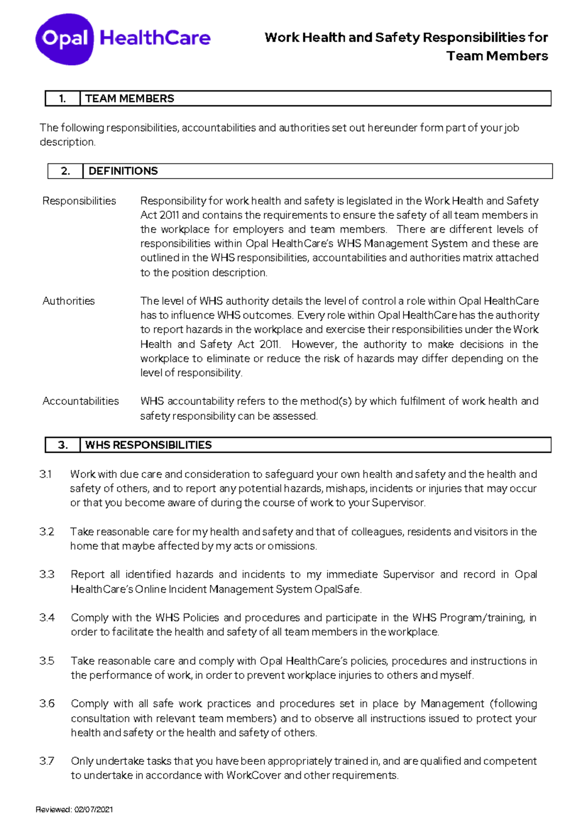 WHS Responsibilities for Team Members at Opal HealthCare - Studocu