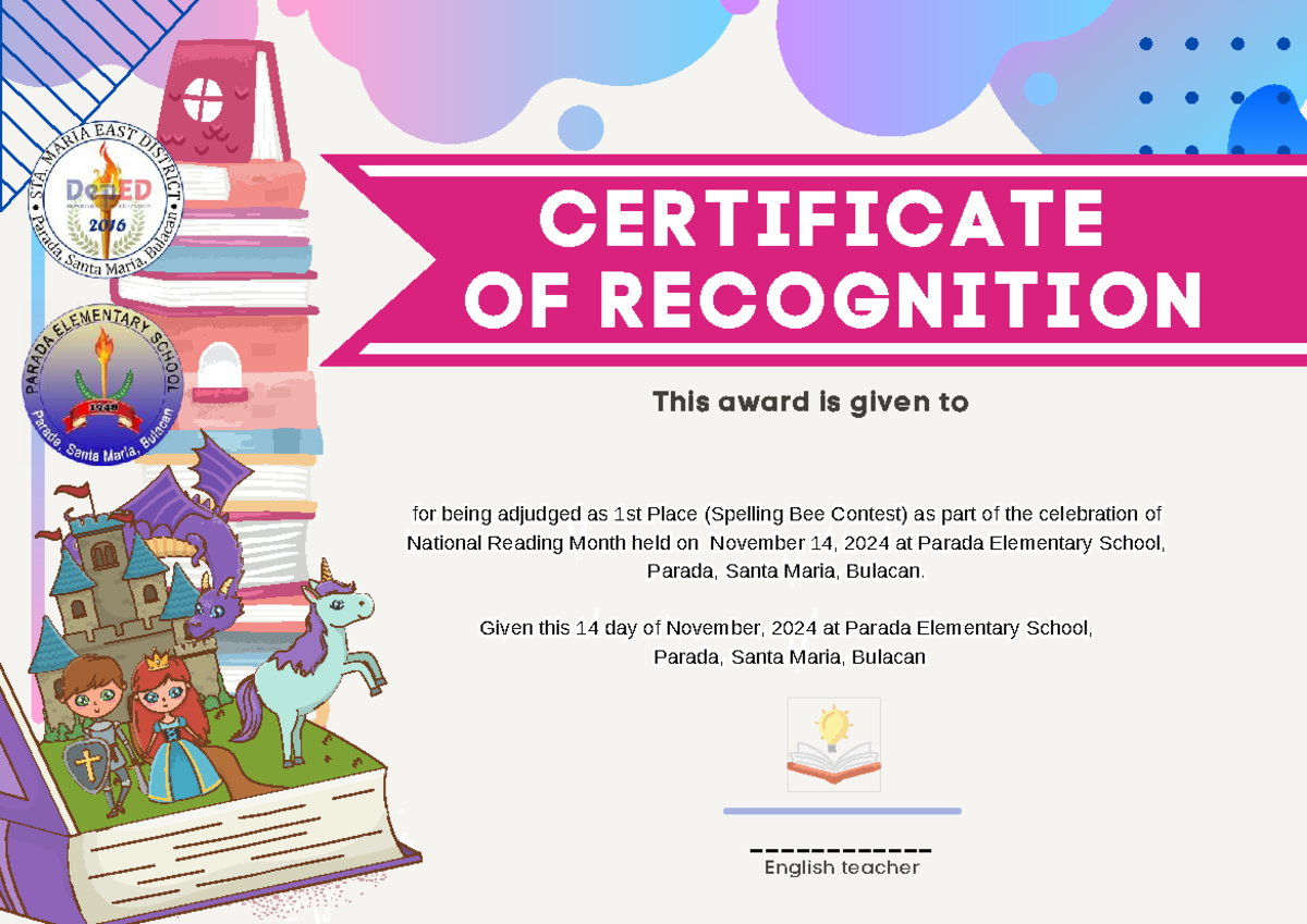 Certificate of Recognition: Spelling Bee Contest Winners - Studocu