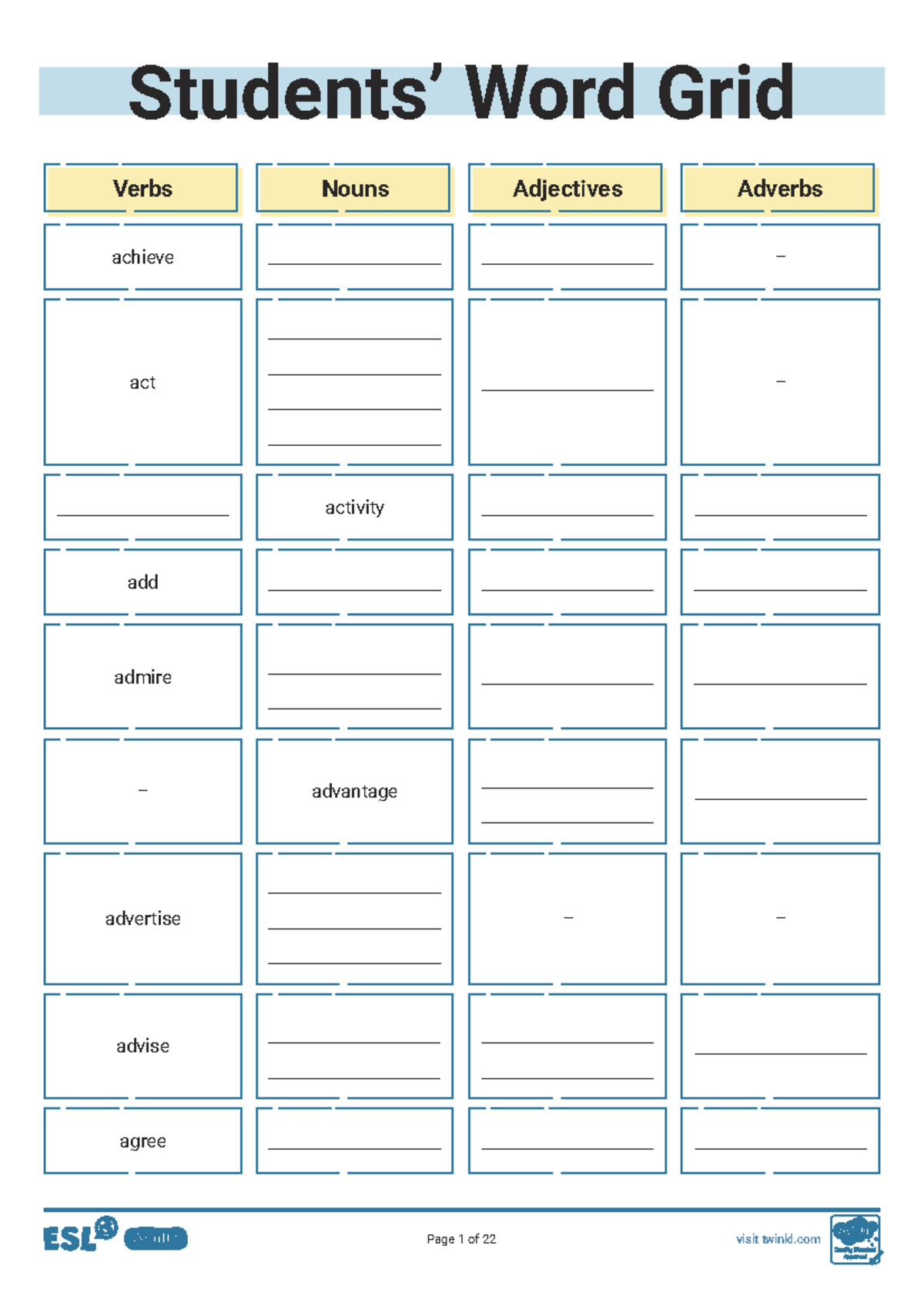 Student Word Grid: Verbs, Nouns, Adjectives, Adverbs - Studocu