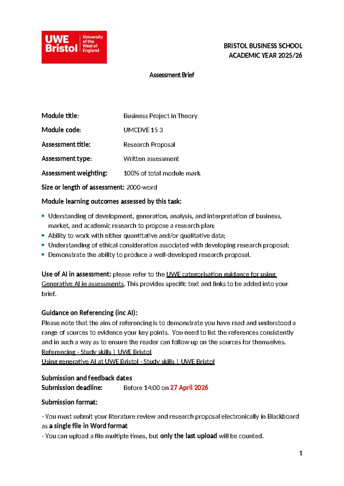 UMCDVE 15 3 Research Proposal Assessment Brief 2025-26 - Studocu