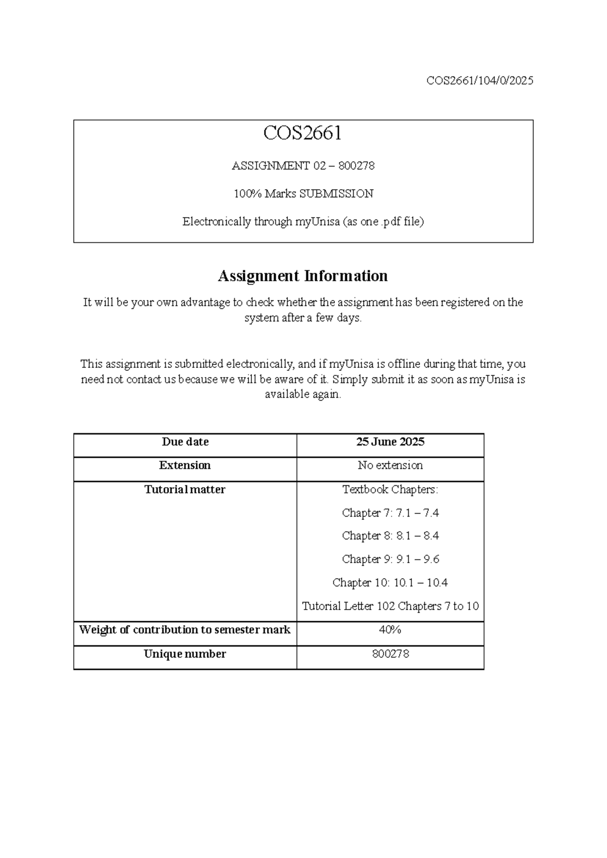 COS2661 Assignment 02 Submission Guidelines and Content Overview - Studocu