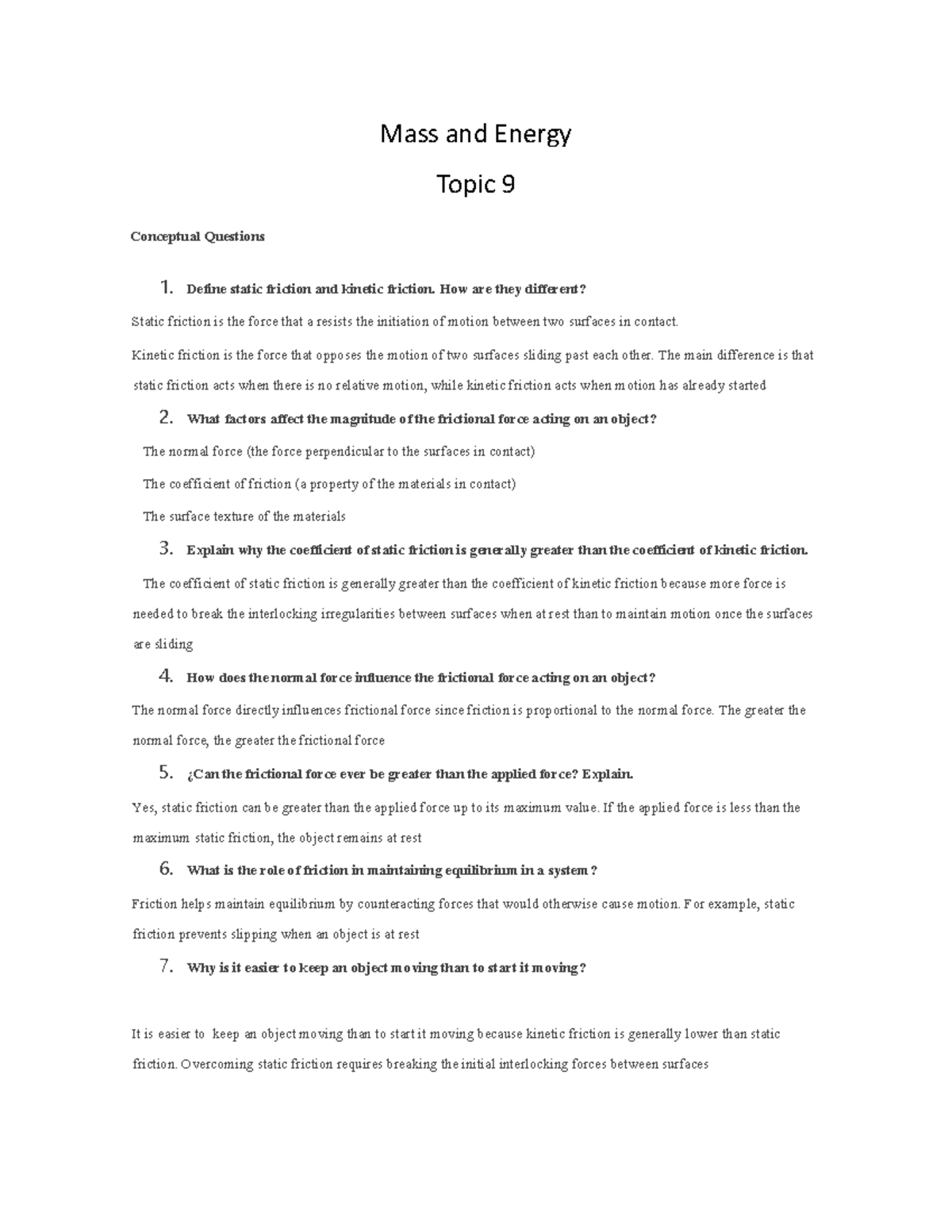 Physics 101: Mass and Energy - Conceptual Questions & Exercises - Studocu