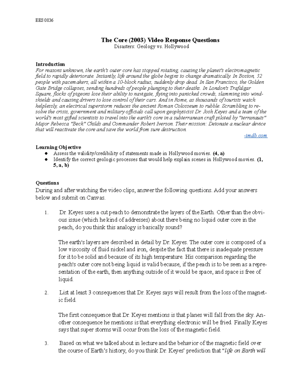 EES 0836 Final Exam: Video Response Questions on 'The Core' Film - Studocu