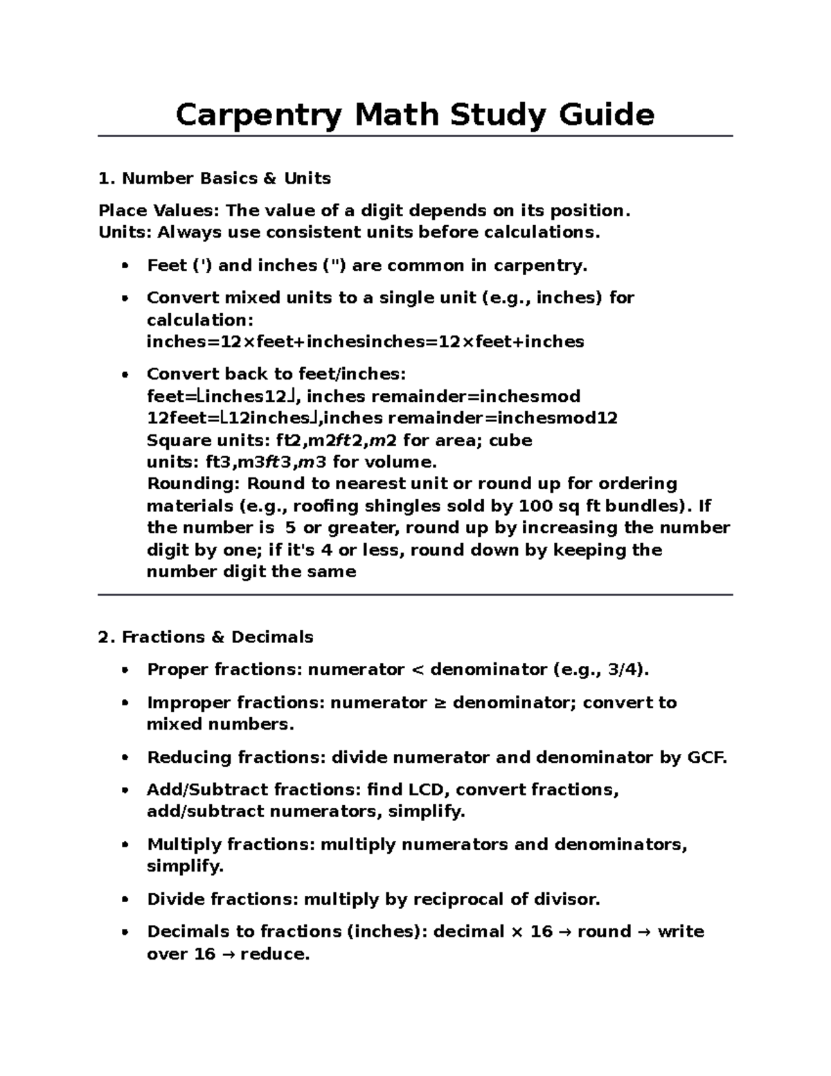 MTC Carpentry Math Study Guide: Essential Concepts and Formulas - Studocu